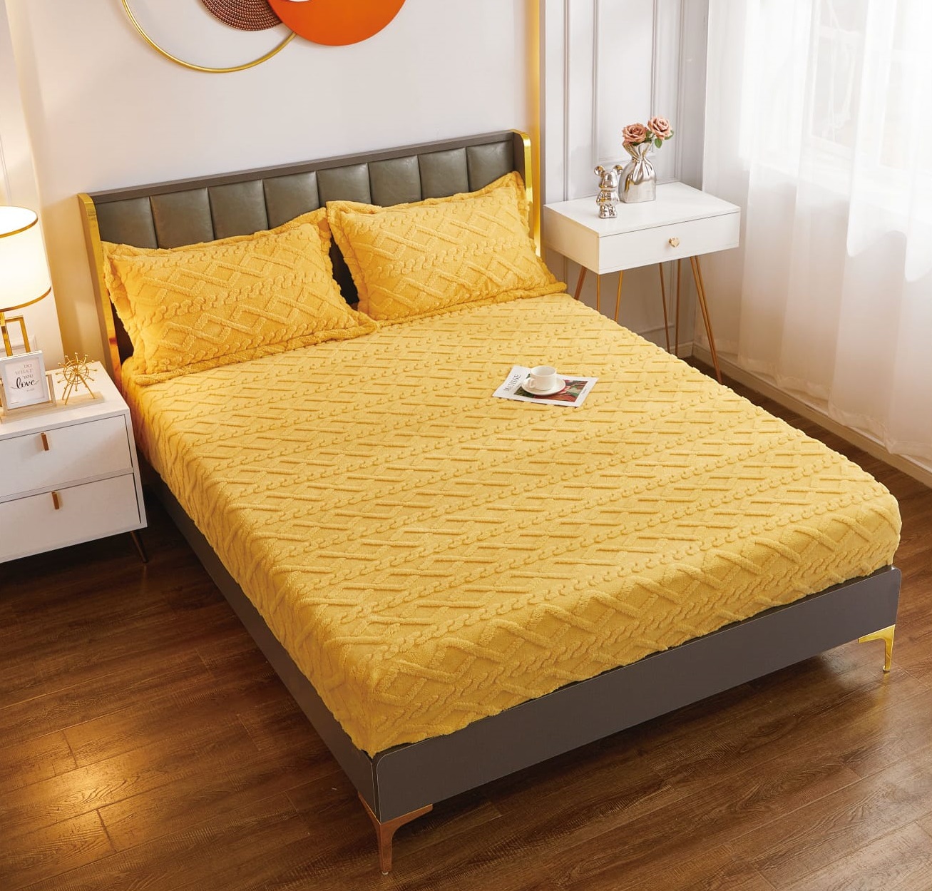 Cearceaf cu elastic + 2 fete de perna model tricotat E 180x200 CCE5270